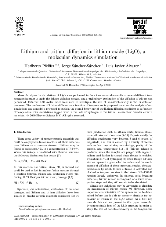 (PDF) Lithium and tritium diffusion in lithium oxide (Li2O), a molecular dynamics simulation