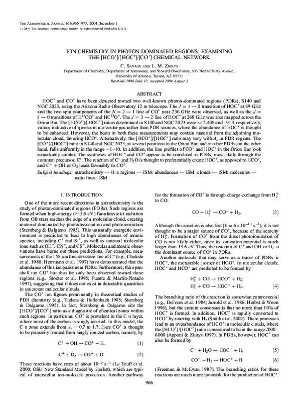 (PDF) Ion Chemistry in Photon‐dominated Regions: Examining the [HCO+]/[HOC+]/[CO+] Chemical ...
