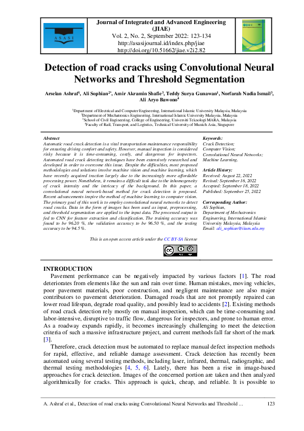 (PDF) Detection of Road Cracks Using Convolutional Neural Networks and Threshold Segmentation