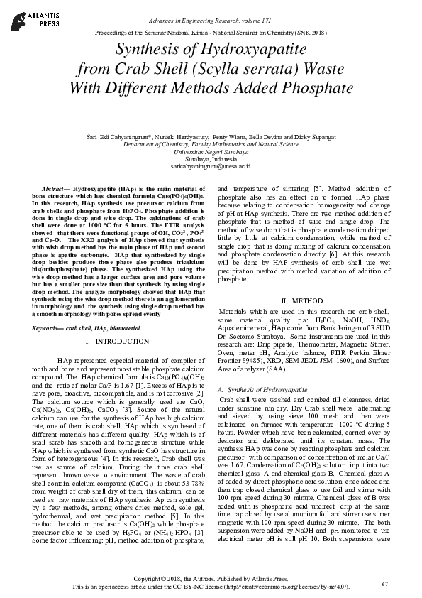 (PDF) Synthesis of Hydroxyapatite from Crab Shell (Scylla serrata) Waste With Different Methods ...
