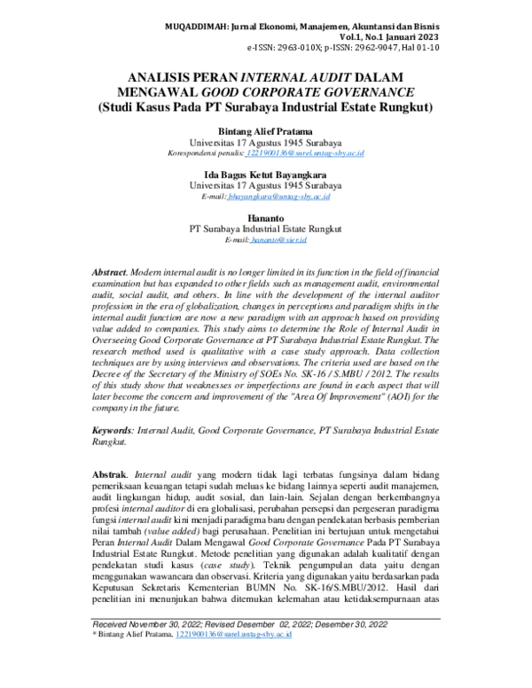(PDF) ANALISIS PERAN INTERNAL AUDIT DALAM MENGAWAL GOOD CORPORATE ...