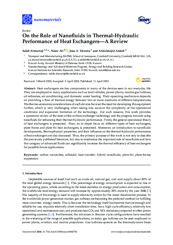 (PDF) On the Role of Nanofluids in Thermal-hydraulic Performance of Heat Exchangers—A Review