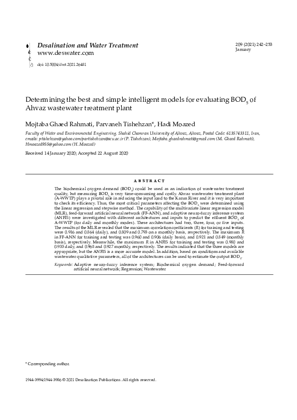 (PDF) Determining the best and simple intelligent models for evaluating BOD5 of Ahvaz wastewater ...