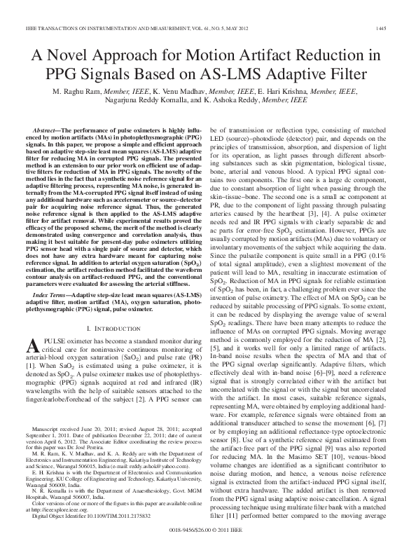 (PDF) A Novel Approach for Motion Artifact Reduction in PPG Signals ...