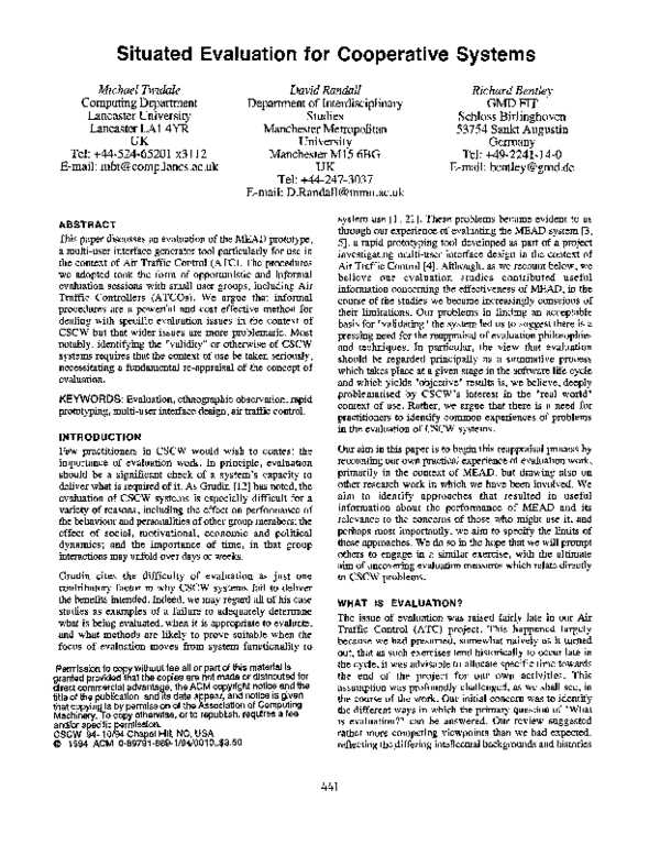 (PDF) Situated evaluation for cooperative systems | Michael Twidale ...