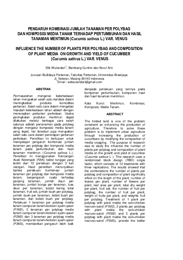 (PDF) PENGARUH KOMBINASI JUMLAH TANAMAN PER POLYBAG DAN KOMPOSISI MEDIA TANAM TERHADAP ...