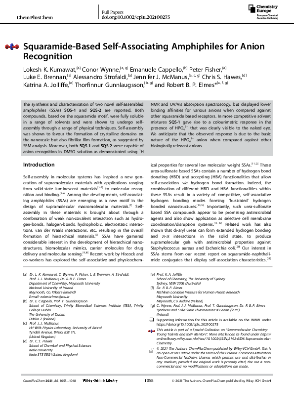 (PDF) Squaramide‐Based Self‐Associating Amphiphiles for Anion Recognition
