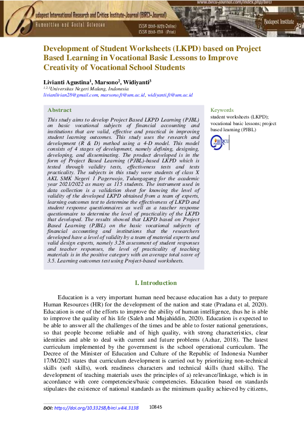 (PDF) Development of Student Worksheets (LKPD) based on Project Based Learning in Vocational ...