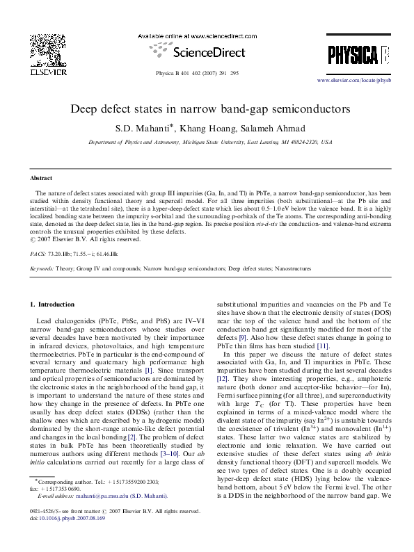 Pdf Deep Defect States In Narrow Band Gap Semiconductors