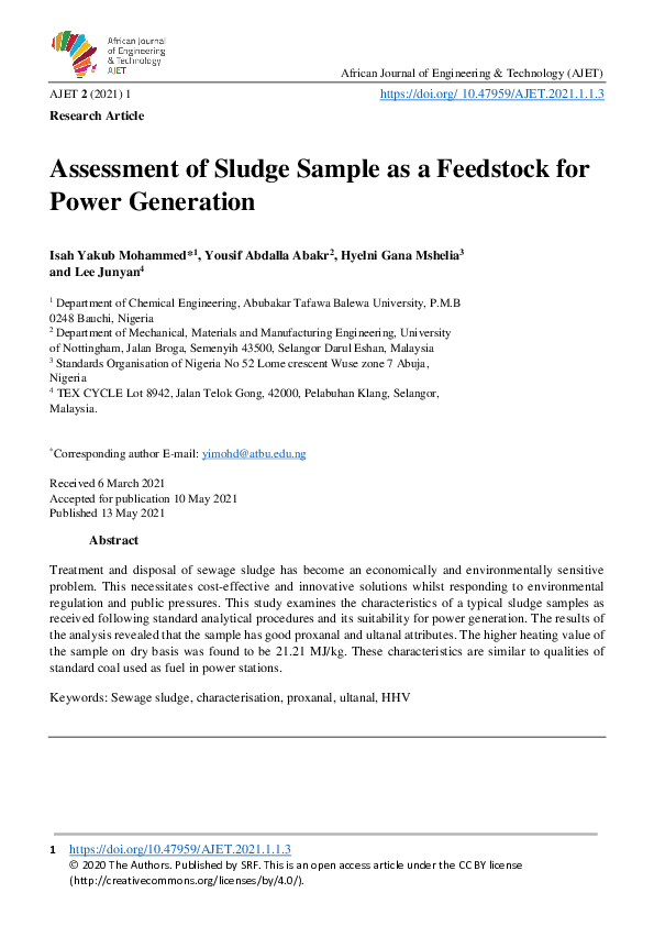 (PDF) Assessment of Sludge Sample as a Feedstock for Power Generation