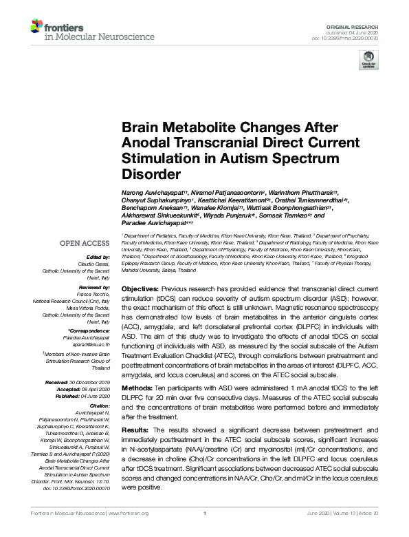 (PDF) Brain Metabolite Changes After Anodal Transcranial Direct Current Stimulation in Autism ...
