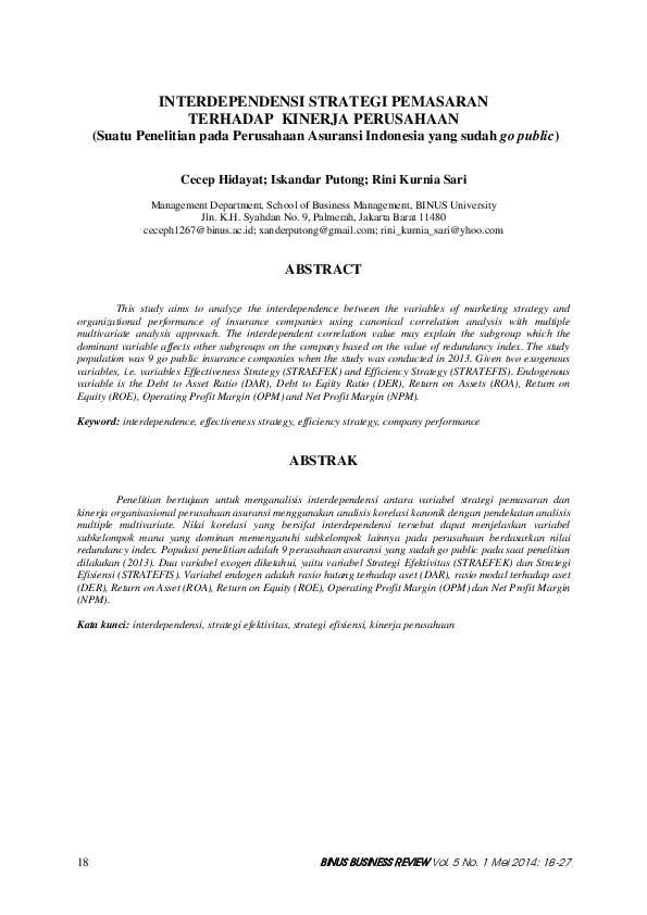 (PDF) Interdependensi Strategi Pemasaran Terhadap Kinerja Perusahaan ...