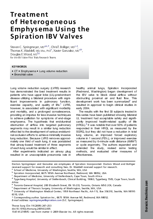(PDF) Treatment of heterogeneous emphysema using the spiration IBV valves