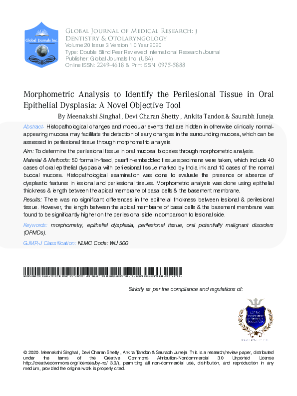 (PDF) Morphometric Analysis to Identify the Perilesional Tissue in Oral Epithelial Dysplasia: A ...