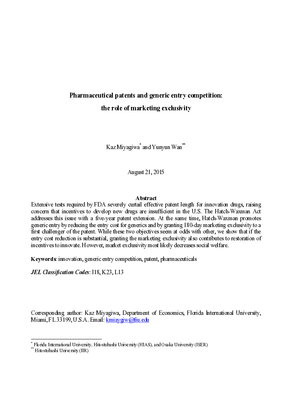 (PDF) Pharmaceutical patents and generic entry competition: the role of ...