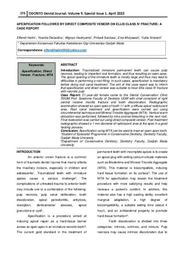 (PDF) Apexification Followed by Direct Composite Veneer on Ellis Class ...