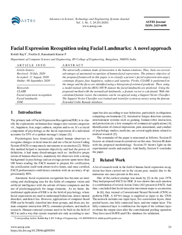 (PDF) Facial Expression Recognition using Facial Landmarks: A Novel Approach
