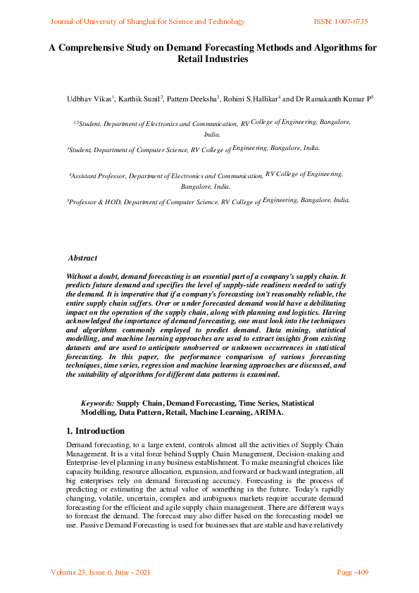 (PDF) A Comprehensive Study on Demand Forecasting Methods and Algorithms for Retail Industries