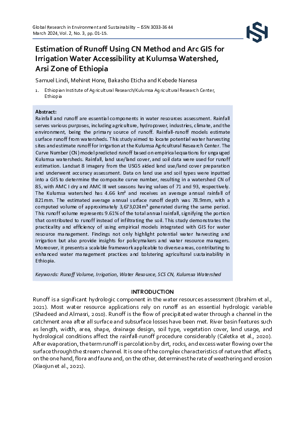 (PDF) Estimation of Runoff Using CN Method and Arc GIS for Irrigation Water Accessibility at ...