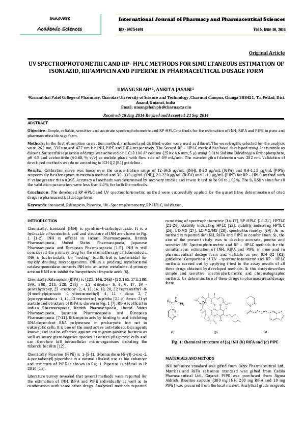 (PDF) UV SPECTROPHOTOMETRIC AND RP-HPLC METHODS FOR SIMULTANEOUS ESTIMATION OF ISONIAZID ...