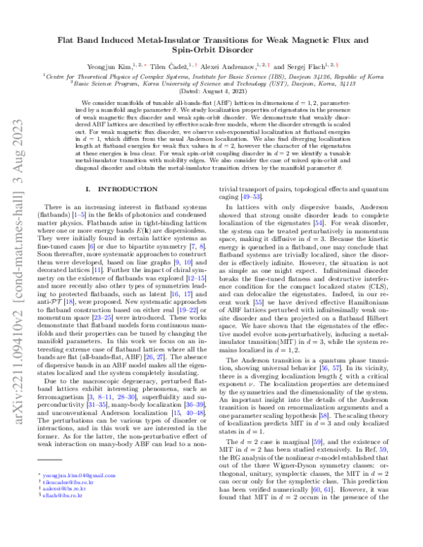(PDF) Flat Band Induced Metal-Insulator Transitions for Weak Magnetic ...