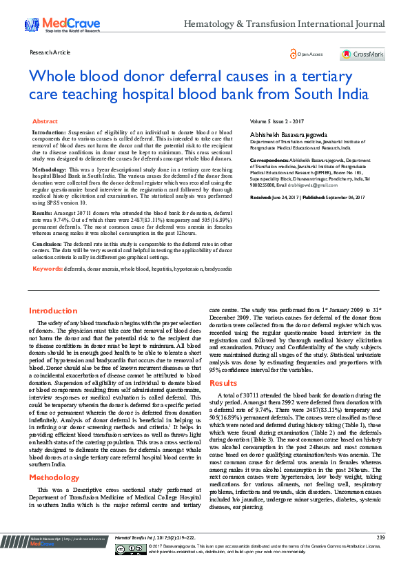 (PDF) Whole Blood Donor Deferral Causes in a Tertiary Care Teaching ...