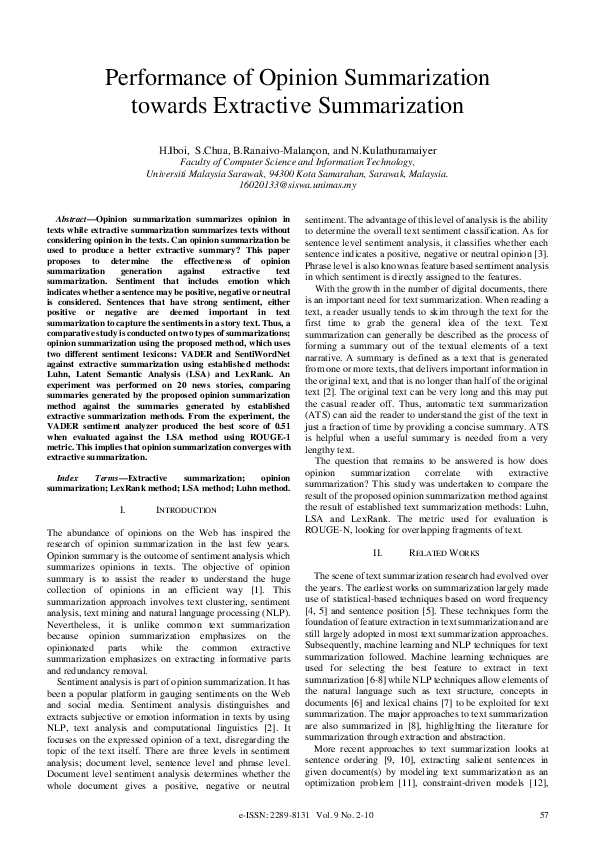 (PDF) Performance of Opinion Summarization towards Extractive Summarization