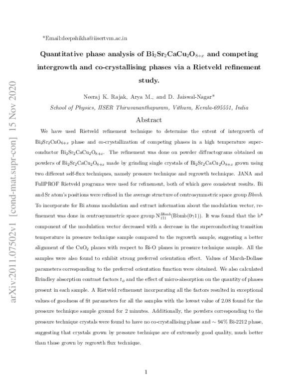 (PDF) Quantitative phase analysis of Bi2Sr2CaCu2O8+x and competing intergrowth and co ...