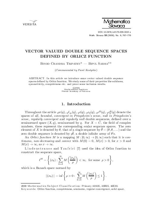 (PDF) Vector valued double sequence spaces defined by Orlicz function