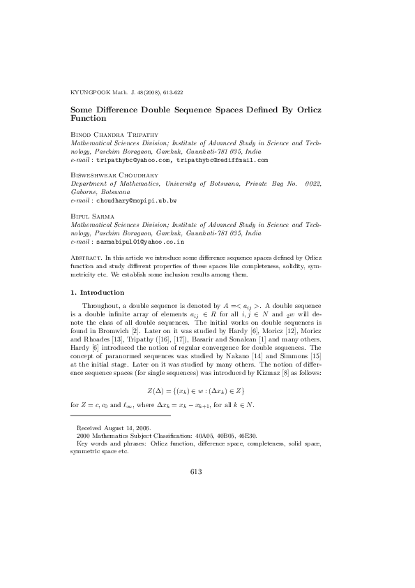 Pdf Some Difference Double Sequence Spaces Defined By Orlicz Function