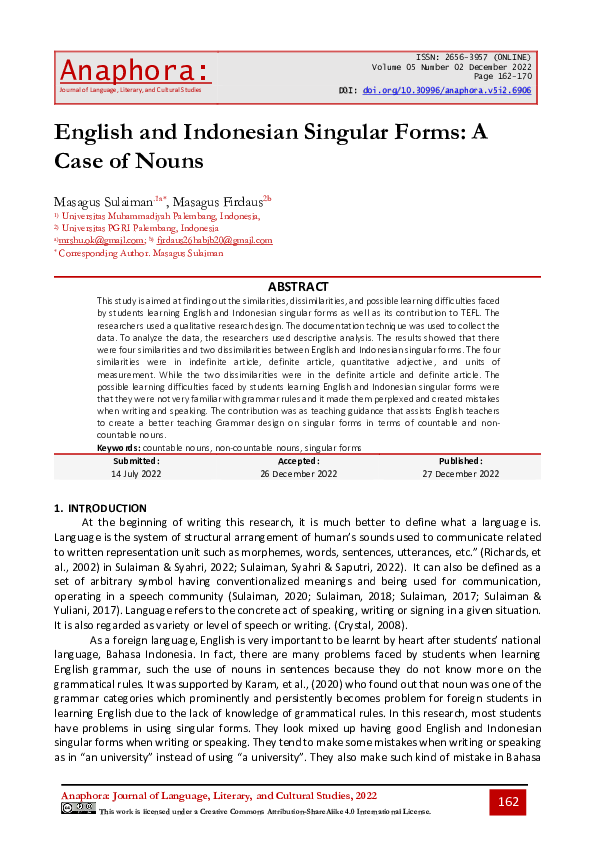 (PDF) English and Indonesian Singular Forms: A Case of Nouns