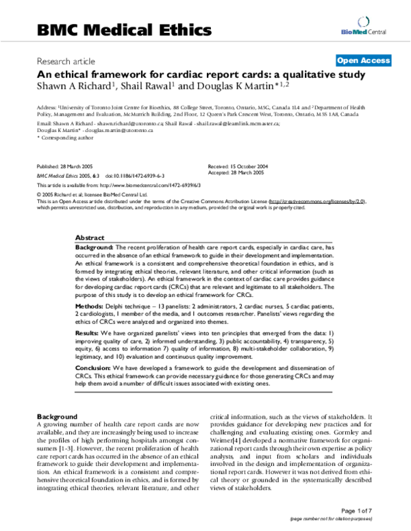 (PDF) An ethical framework for cardiac report cards: a qualitative study