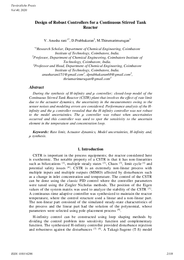 (PDF) Design of Robust Controllers for a Continuous Stirred Tank Reactor
