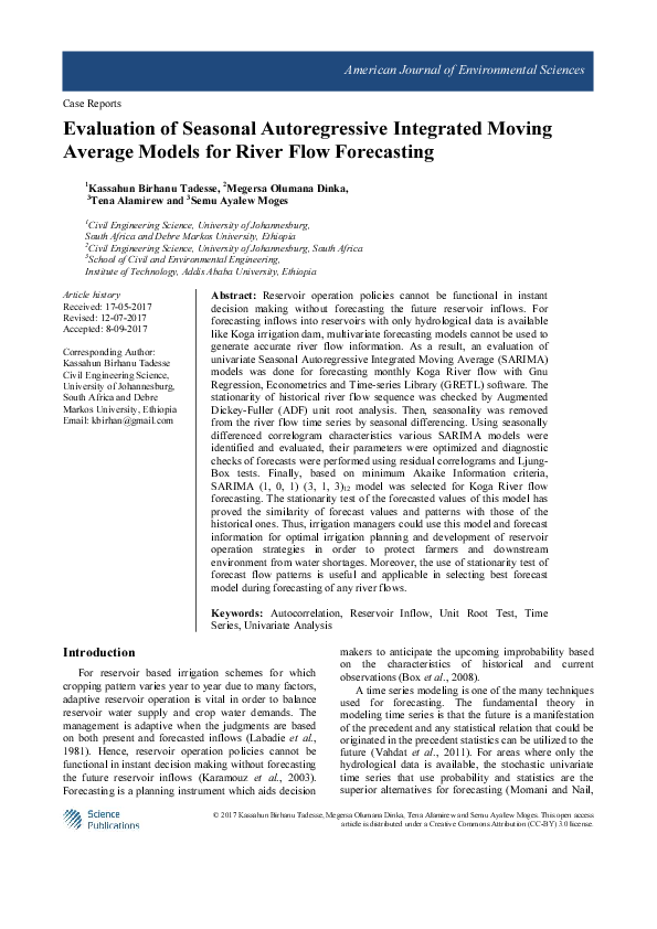 (PDF) Evaluation of Seasonal Autoregressive Integrated Moving Average Models for River Flow ...