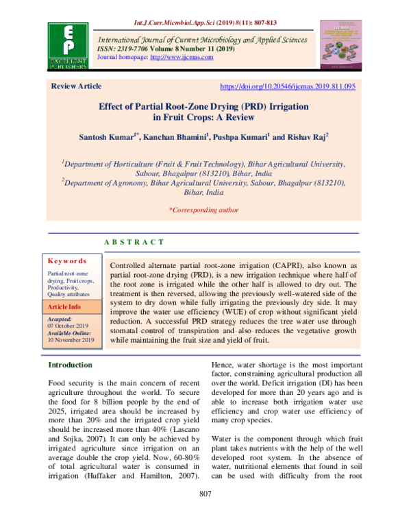 Pdf Effect Of Partial Root Zone Drying Prd Irrigation In Fruit