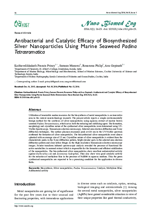 (PDF) Antibacterial and Catalytic Efficacy of Biosynthesized Silver Nanoparticles Using Marine ...