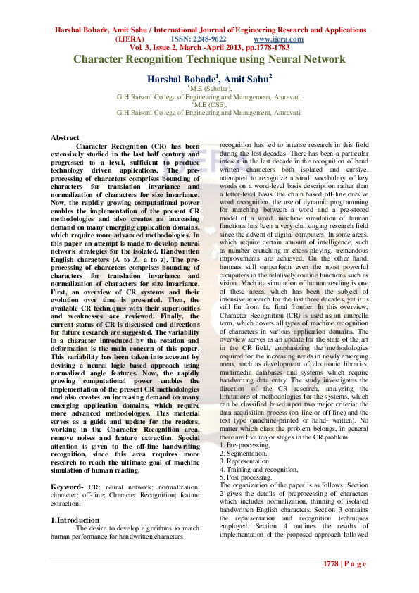 Pdf Character Recognition Technique Using Neural Network