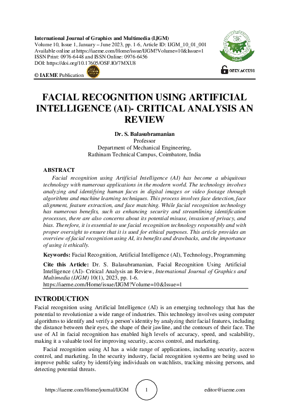 (PDF) FACIAL RECOGNITION USING ARTIFICIAL INTELLIGENCE (AI)- CRITICAL ANALYSIS AN REVIEW