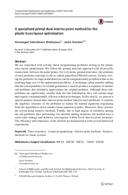 (PDF) A specialized primal-dual interior point method for the plastic truss layout optimization