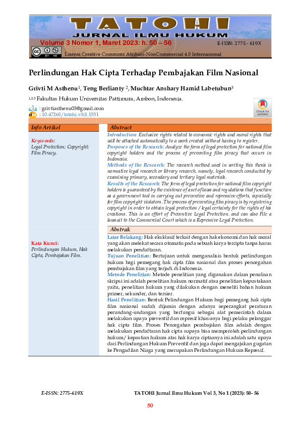 (PDF) Perlindungan Hak Cipta Terhadap Pembajakan Film Nasional