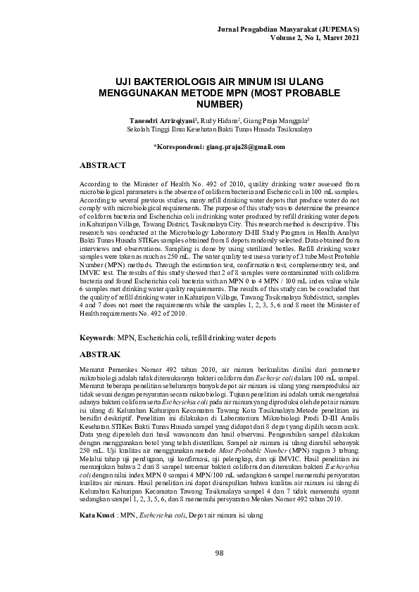(PDF) Uji Bakteriologis Air Minum Isi Ulang Menggunakan Metode MPN ...