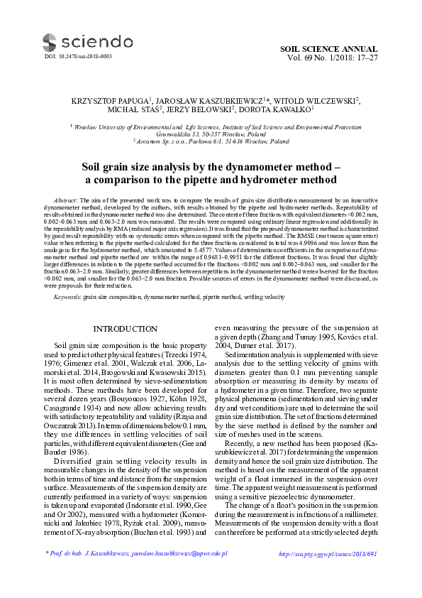 (PDF) Soil grain size analysis by the dynamometer method – a comparison to the pipette and ...