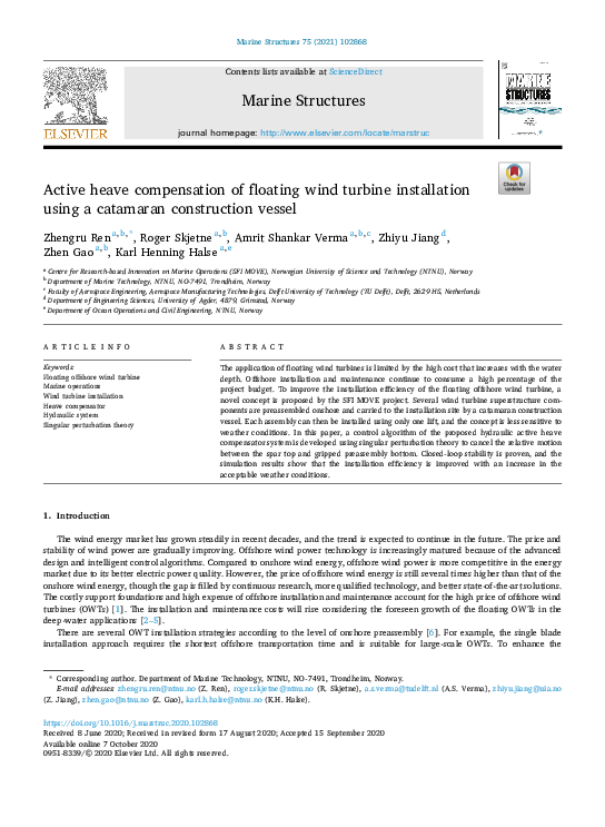 (PDF) Active heave compensation of floating wind turbine installation ...