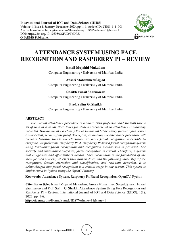 (PDF) ATTENDANCE SYSTEM USING FACE RECOGNITION AND RASPBERRY PI – REVIEW