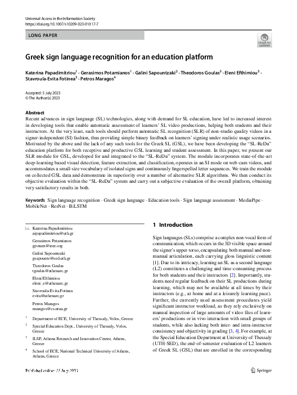(PDF) Greek sign language recognition for an education platform