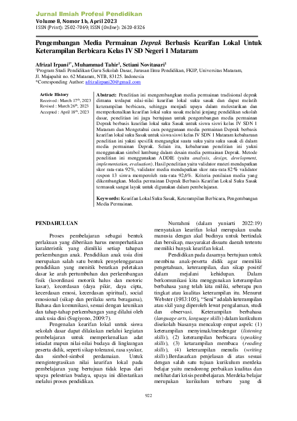 (PDF) Pengembangan Media Permainan Deprak Berbasis Kearifan Lokal Untuk Keterampilan Berbicara ...