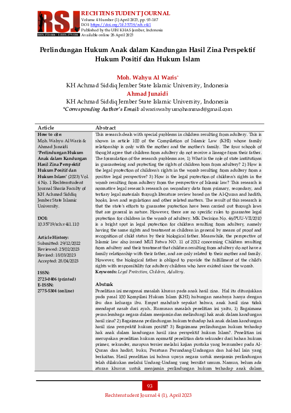 (PDF) Perlindungan Hukum Anak dalam Kandungan Hasil Zina Perspektif Hukum Positif dan Hukum Islam