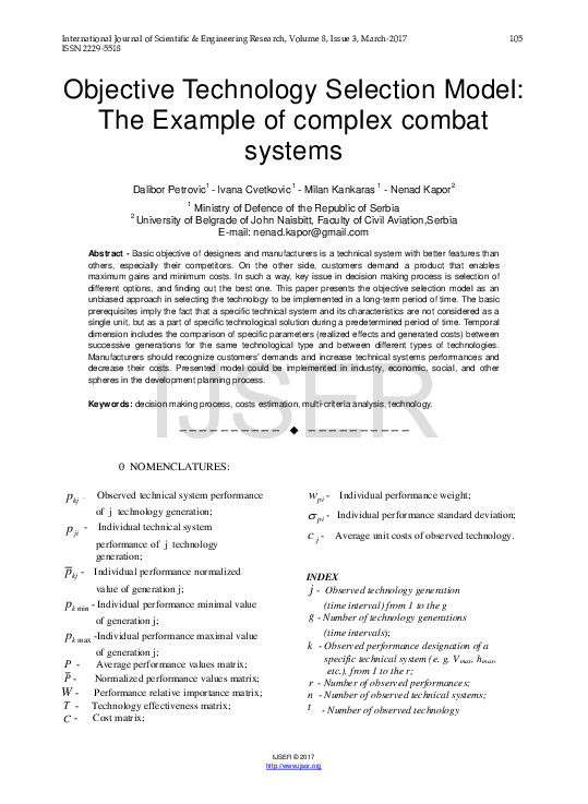 (PDF) Objective Technology Selection Model: The Example of Complex ...
