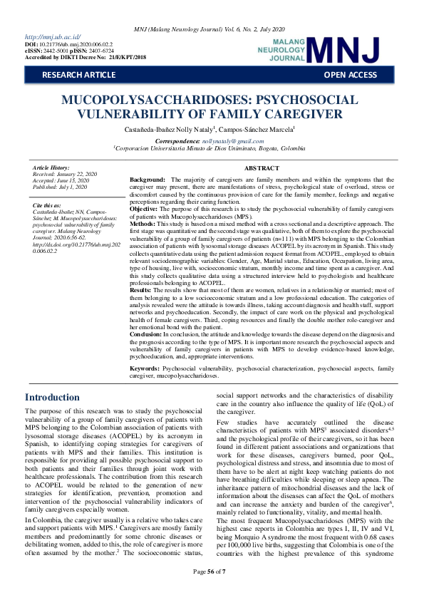(PDF) Mucopolysaccharidoses: Psychosocial Vulnerability of Family Caregiver