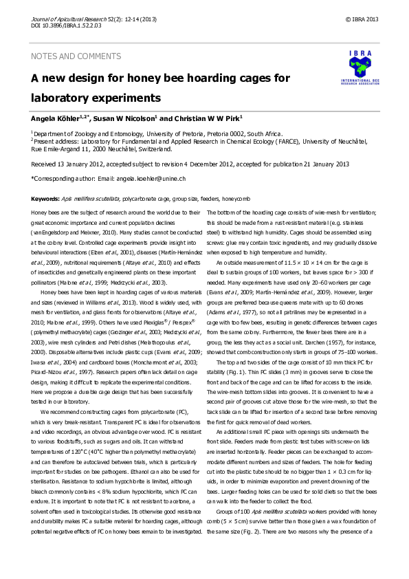 (PDF) A new design for honey bee hoarding cages for laboratory experiments